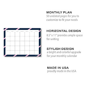 Monthly Calendar Notepad- 50 Undated Calendar Pages Customizable to Fit Your Organizational Needs, Large 8.5"x 11", Navy and Pink Stripe