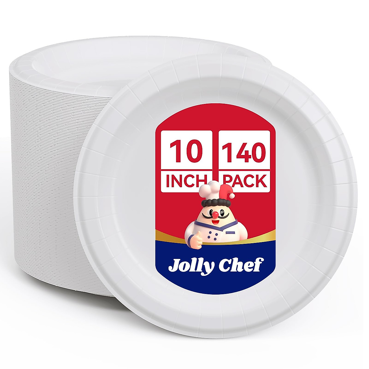 JOLLY CHEF10 inch 140 Pack Disposable Paper Plates,Soak Proof, Cut Proof, Microwave Safe Heavy Duty Paper Plates Everyday Use