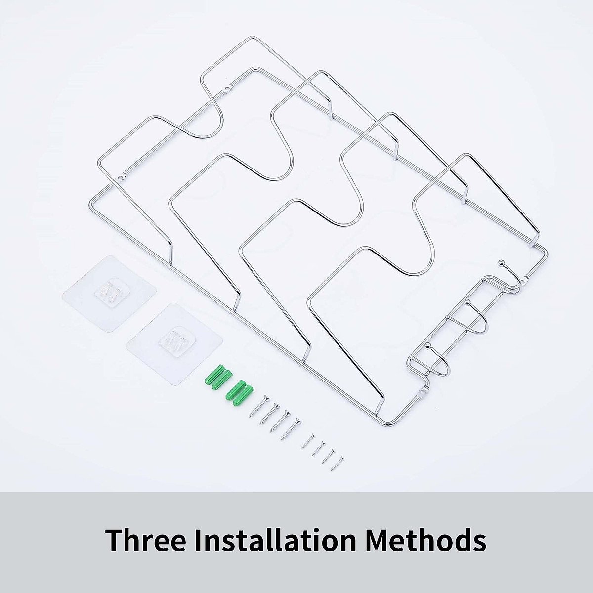 Qflushor Pot Lid Organizer Wall Mount, Kitchen Pot Lid Rack with Hook, Pot Lid Organizer for Cabinet, Pot Lid Holder with Adhesive Hooks, Chrome