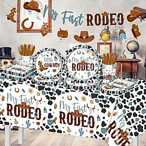 My First Rodeo Birthday Party Supplies Boy-142Pcs Western Cowboy Tableware 1st Rodeo Birthday Party Decorations Blue My First Rodeo Baby Shower Dinnerware for Boy