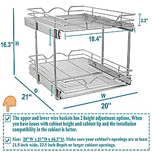 OCG Pull Out Cabinet Organizer (20" W x 21" D), 2 Tier Pull Out Drawers for Kitchen Cabinets, Pull Out Shelves for Base Cabinet Organization in Kitchen, Bathroom, Pantry, Chrome Finish