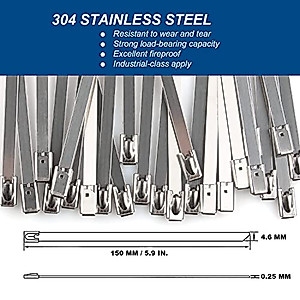 LUBAN Metal zip ties 6 inch, heavy duty 304 stainless steel zip cable tie, self-locking strap Ties (50 Pcs)