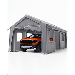 VORTEXTOVE Carport 13 x 20 ft, Portable Garage with 4 Roll-up Windows and 4 Doors for All Season, Reinforced Frames, for Sedans and Trucks, Gray
