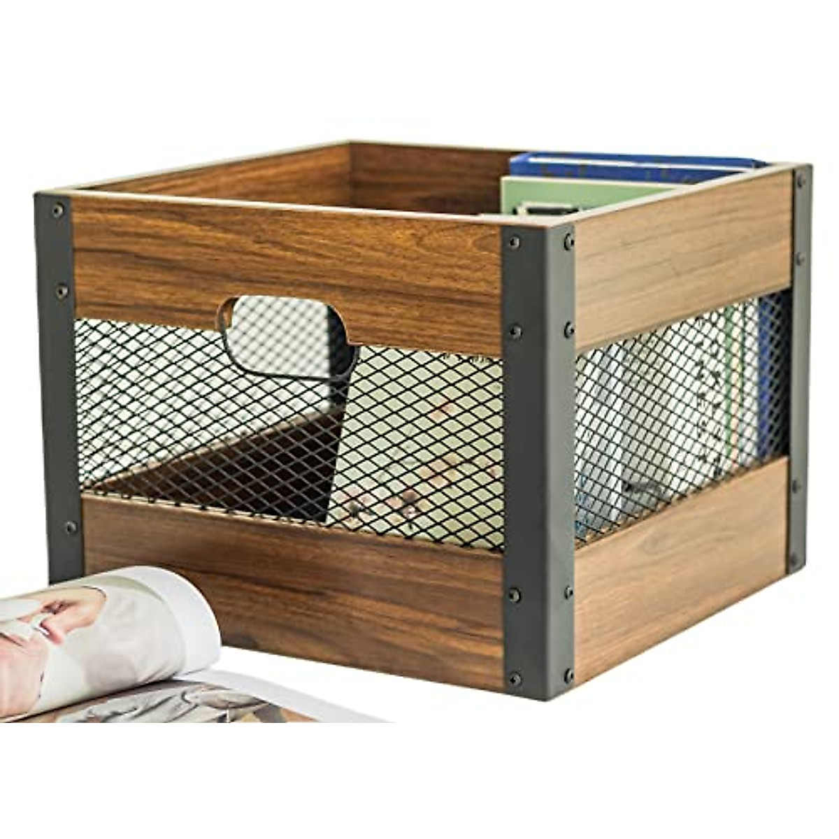 CRAZYWOOD Vinyl Record Storage Case, Wooden LP Record Storage Case, Magazine and Newspaper Storage Basket 13.6"(L)*14.3"(W)*10.6"(H) Inches Wooden Storage Basket