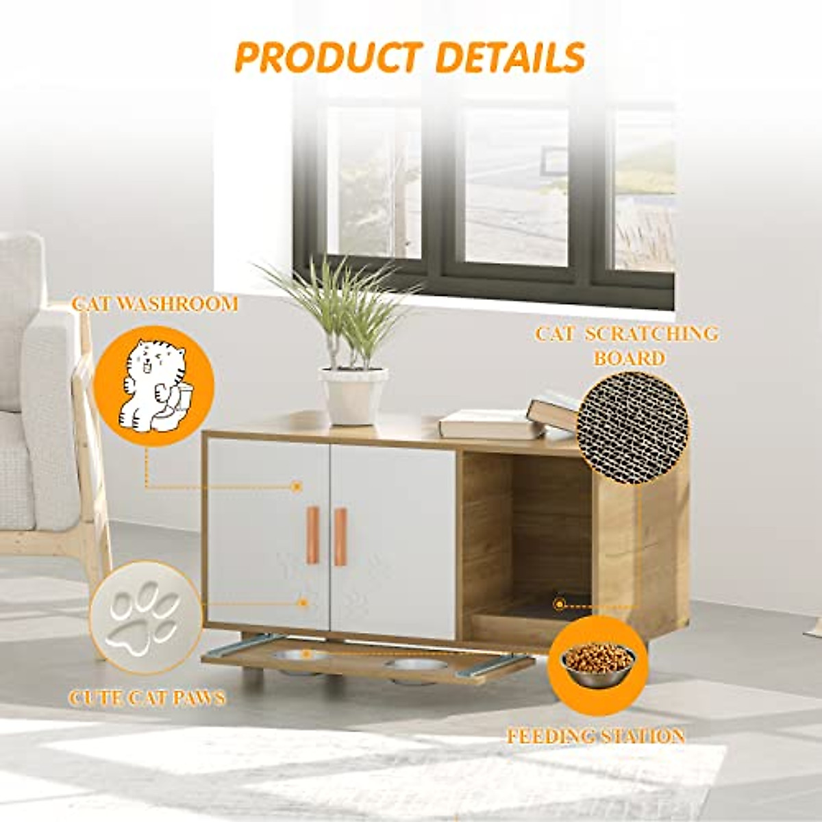 DMIDYLL Extra Large Cat Litter Box Enclosure Houses with Cat Food Bowls and Scratch Pad for Indoor Cats, Hidden Cat Litter Box Furniture Cabinet, Cat Washroom, Modern Cat Home Nightstand