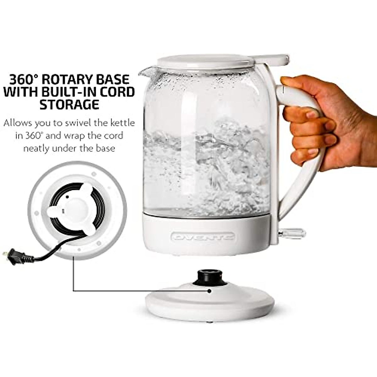 OVENTE Electric Glass Kettle 1.5 Liter 1500W Instant Hot Water Boiler Heater with ProntoFill Tech, Boil-Dry Protection, Automatic Shut Off, Fast Boiling for Tea & Coffee, White KG516W