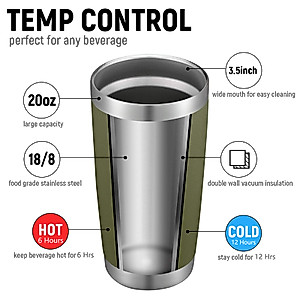 COMOOO 20oz Double Wall Vacuum Insulated Travel Mug, Stainless Steel Tumbler with Lid and Straw Durable Powder Coated Insulated Coffee Cup for Cold & Hot Drinks（Army Green, 1 Pack）