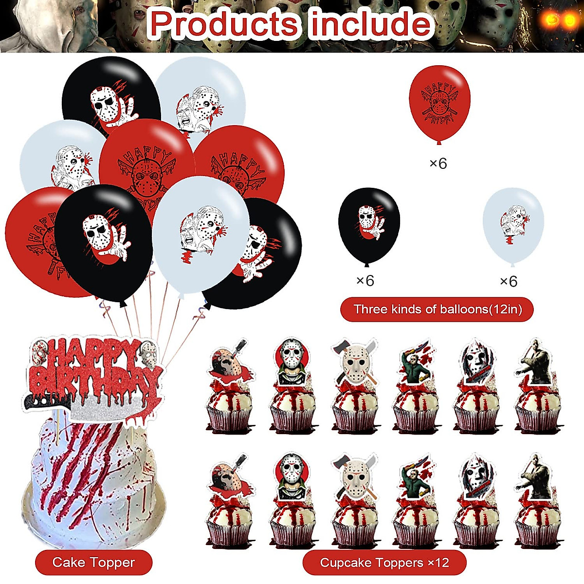 Friday The 13th Party Decorations,Birthday Party Supplies for Horror Movie Party Supplies Includes Banner - Cake Topper - 12 Cupcake Toppers - 18 Balloons