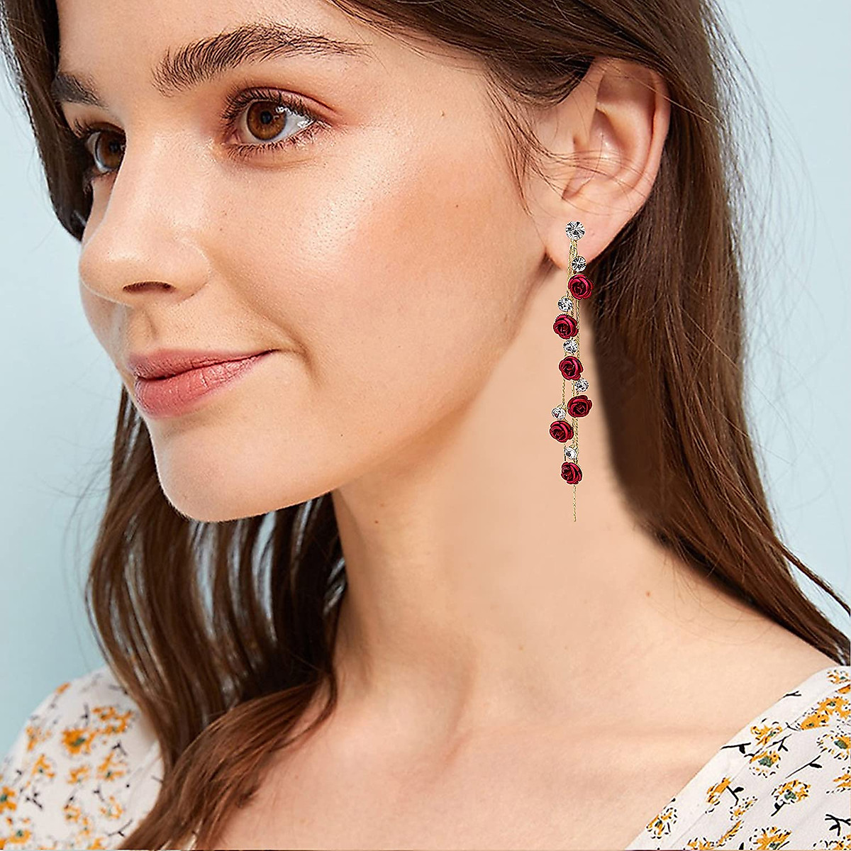 Just Follow 3D Rose Flower Crystal Long Tassel Drop Earrings for Women CZ Rhinestone Rose Fashion Purple Red Long Tassel Dangle Earrings Weddings Party Jewelry Accessories Gift (3D Rose Flower Crystal Tassel Earrings-Red)