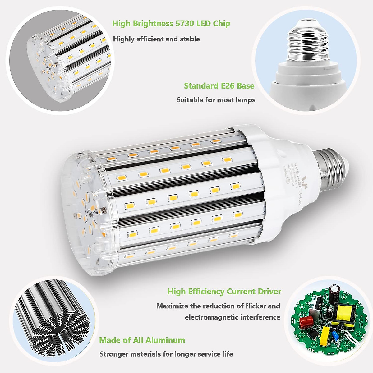 50W LED Corn Light Bulbs-500W Equivalent, 5500 Lumens,6500K Daylight White,E26 Base Led Replacement HID HPS Mercury Vapor CFL Metal Halide Lamp for Warehouses,Garages,Street（Daylight White,2PACK)