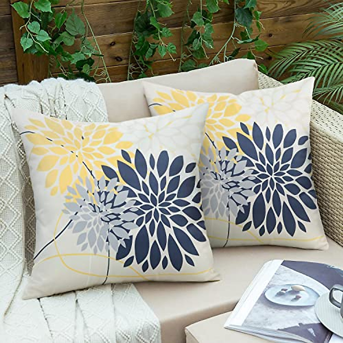Pyonic Outdoor Throw Pillow Covers 18x18 Waterproof Pillow Covers Geometric Flower Pillow Case Farmhouse Summer Square Cushion Cover for Patio,Garden,Balcony,Set of 2 (Yellow, 18 x 18-Inch)