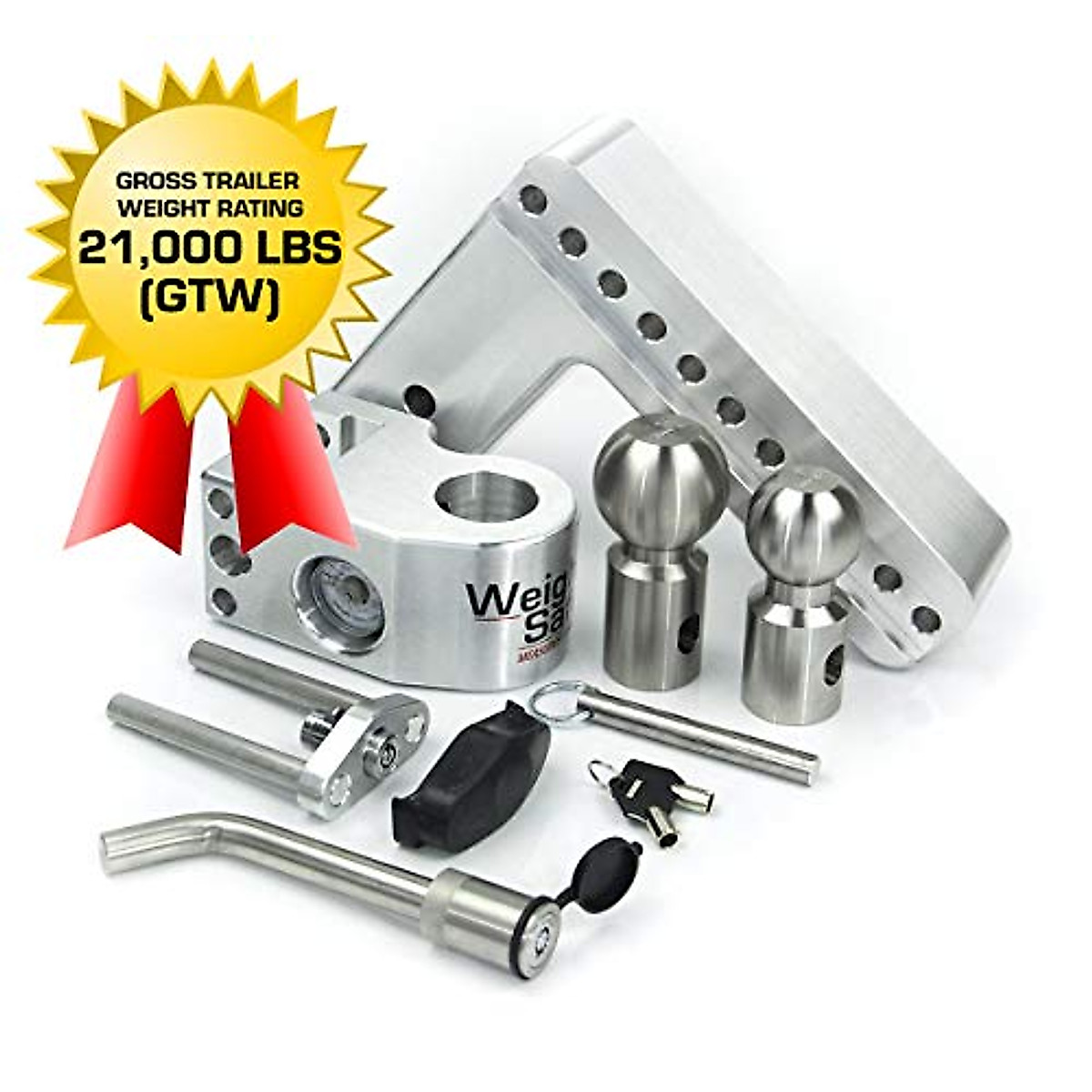 Weigh Safe Adjustable Trailer Hitch Ball Mount - 8" Drop Hitch for 3" Receiver w/ 2 pc Keyed Alike Lock Set, Premium Aluminum Trailer Tow Hitch w/ Built in Weight Scale for Anti Sway, 21,000 lbs GTW