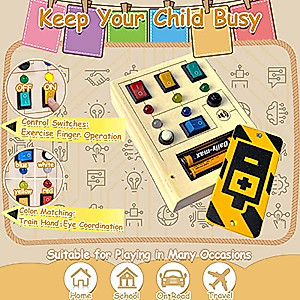 TEUVO LED Light Switch Busy Board for Toddler with Sound Montessori Toys Wooden Sensory Board Travel Toys with Button Keep Toddler Busy Educational Learning Toy Gifts for Kids Boy Girls Aged 1 2 3 4 5