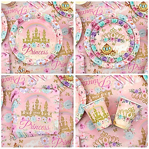 Princess Birthday Party Supplies, Includes Banner, Plates, Tulle, Napkins, Cake Toppers, Crowns, Wands, Balloons, Tablecloths, for Girls Princess's Themed Baby Shower Decorations, Serve 20 (Style A)
