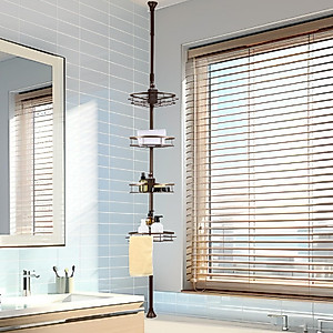 Xiarnotogi corner shower caddy tension pole, Stainless Steel bathroom organizer, 4 Baskets Bathtub Shampoo Storage Shelves for inside shower, Height Adjustable from 45 to 112 Inch (Bronze)