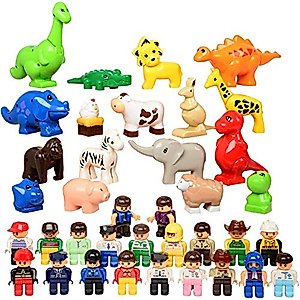 Constructive Playthings OX-37 Preschool Sized Interlocking Bricks Accessory Set Featuring People, Dinosaurs and Animals