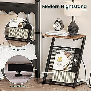 Yifeel End Table Set of 2 with Charging Station, Side Table with Storage Shelf, Bedside Table, Nightstand for Small Spaces, Living Room, Bedroom, Rustic Brown and Black JET002CSR2