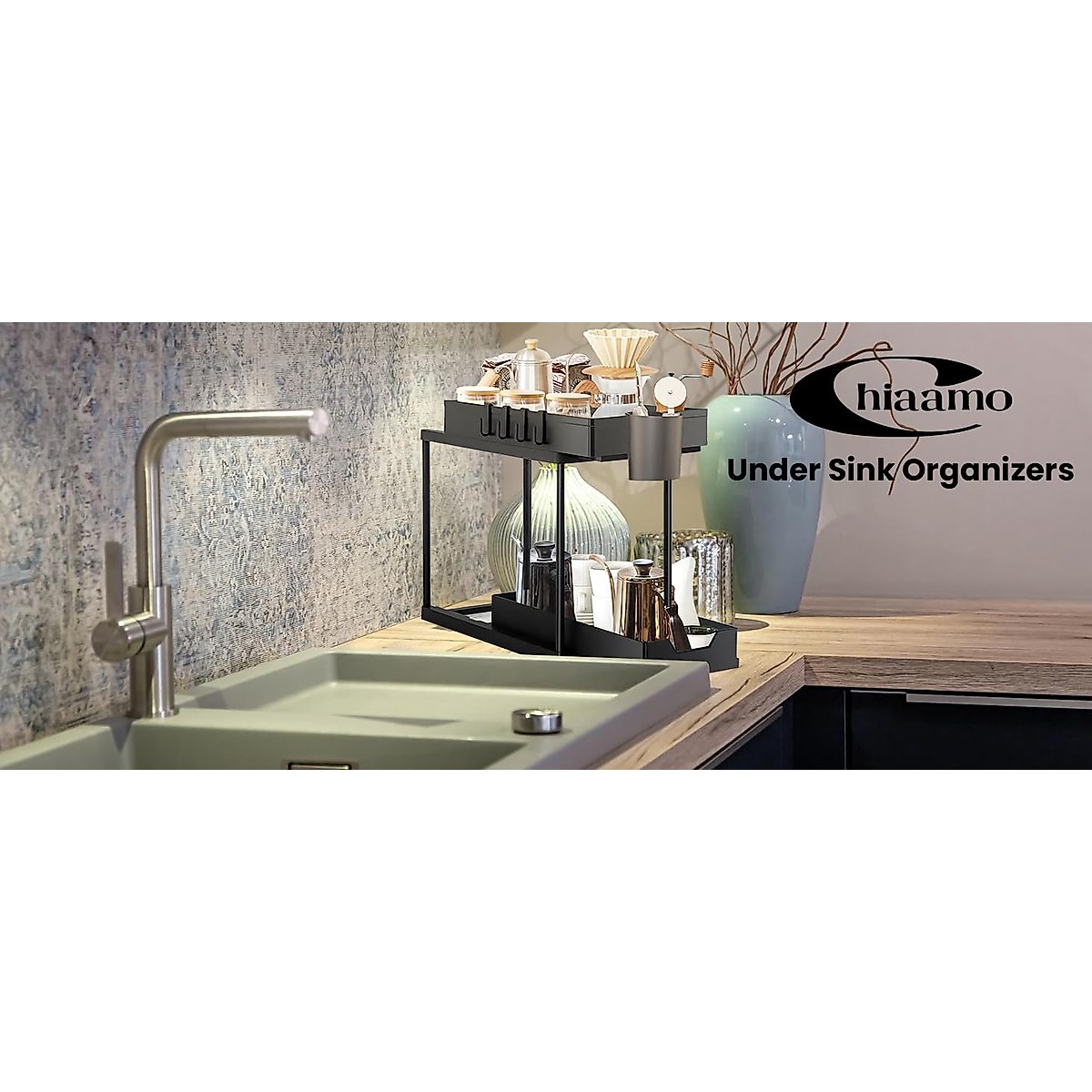 Chiaamo, Under Sink Organizers and Storage 2-Tier Sliding Shelf, 1 Sliding Organizer for countertop or Under The Sink with 4 Telescopic Tubes That Allows You to Adjust The Height to Your Need.