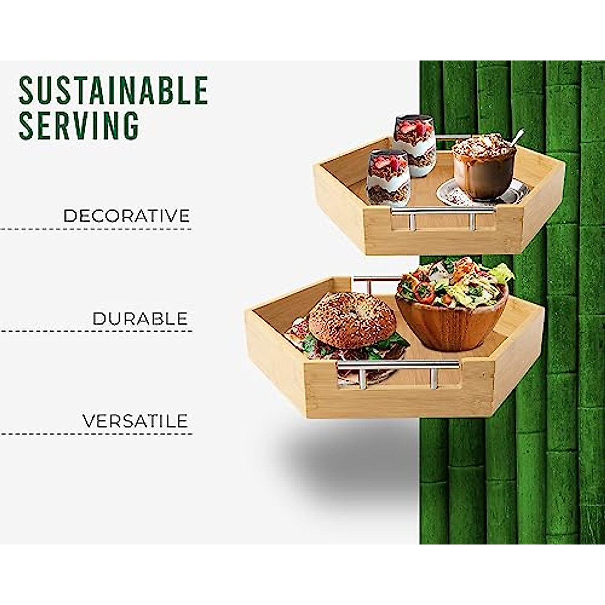 Comfify Honeycomb Serving Trays with Handles – Set of 2 Bamboo Hexagon Nesting Trays – Large, and Small Trays Set for Food, Ottoman Décor & More – Modern Trays for Breakfast -Natural