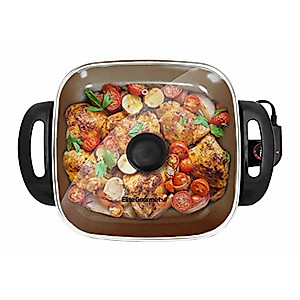 Elite Gourmet EG3033 12"x12"x2.35” Healthy Ceramic with Titanium Coated Scratch Resistant Electric Skillet, Dishwasher Safe, Rapid Heat Up, 1200W, Dark Grey, 6 Quart