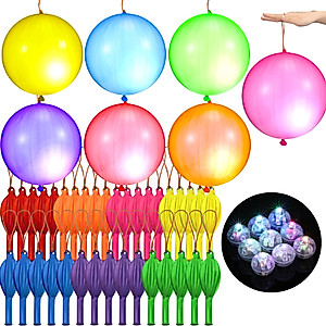 60 Pcs Light up Punch Balloons with Multicolor LED Light, Glow in The Dark Party Favors Light up Punching Balloons with Rubber Band Handle for Halloween Wedding Birthday Spring Party Supplies
