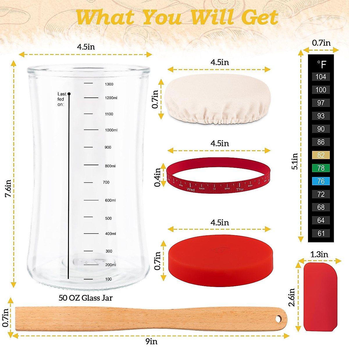 Tyniaide 50 OZ/2 Pack Pro Sourdough Starter Kit – Extra Thermometer Strips and Breathable Covers Included in Sourdough Starter Jar – A Perfect Sourdough Bread Starter Kit for Beginners to Expert