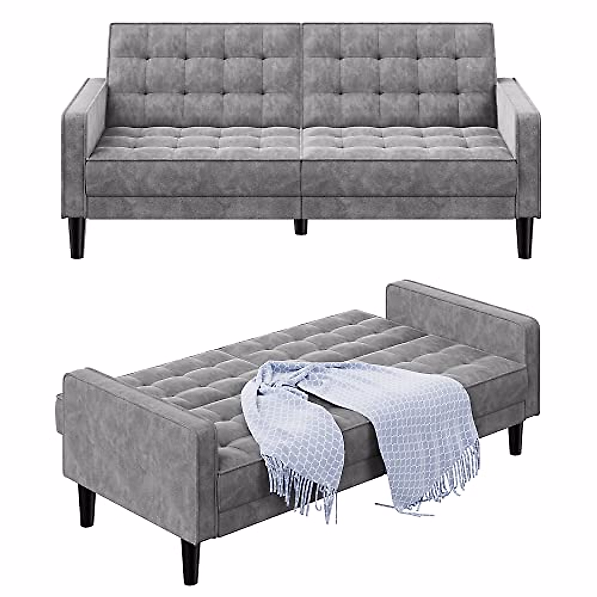 JAMFLY Velvet Futon Sofa Bed, Modern Loveseat Couch, Upholstered Sleeper Sofa, Convertible Couch for Living Room, Bedroom, Small Space(Dark Gray)