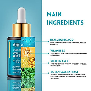 Hyaluronic Acid Serum for Skin 2% with Vitamin B5, C& E - Intense Hydration + Moisturizer, Plumps & Increase Firmness, Non-greasy, Paraben-free - 1. Fl Oz