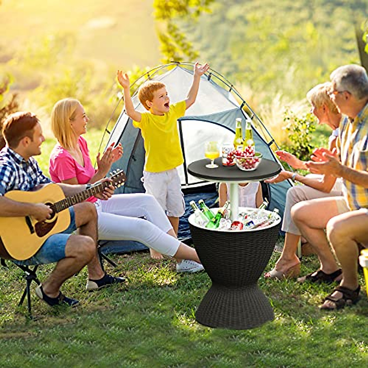 Tangkula Outdoor Cool Bar Table, Rattan Style Patio 8 Gallon Beer and Wine Cooler, All-Weather Ice Bucket w/Height Adjustable Top, Drainage Plug, 3-in-1 Cocktail Coffee Table for Party, Picnic (Black)