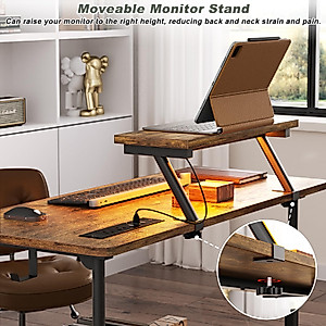 Height Adjustable Standing Desk with Power Outlets and LED Lights - 32" Manual Stand Up Desk with Monitor Stand and Storage Shelves Small Mobile Rolling Computer Desk Portable Laptop Table, Rustic
