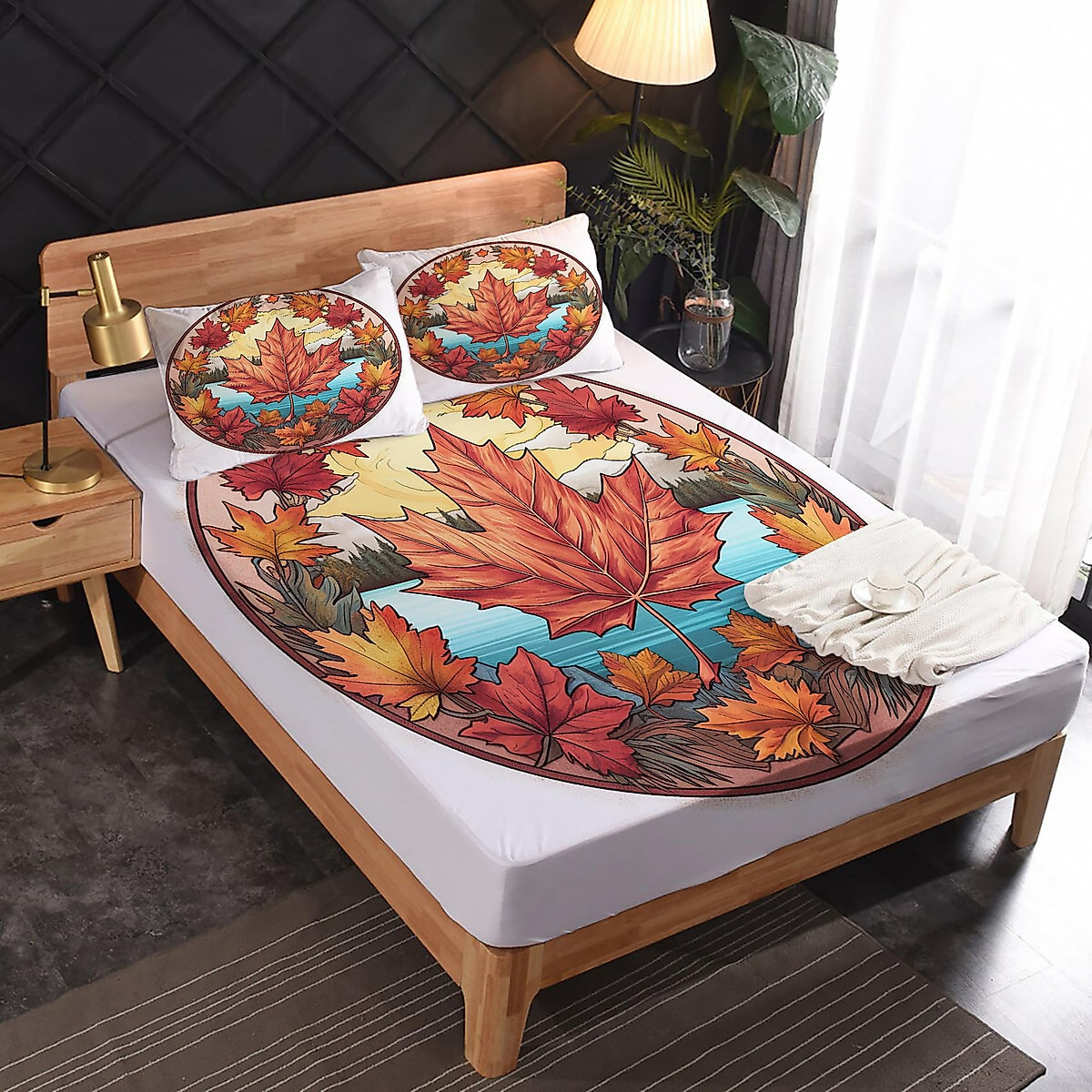 Full Size Sheet Sets - Fall Leaves Bed Sheets, Maple Leaf Bedding Sheets & Pillowcases, Soft Microfiber & Deep Pocket & Wrinkle Free Patterned Sheet Set, 1 Fitted Sheet, 1 Flat Sheet, 2 Pillow Cases