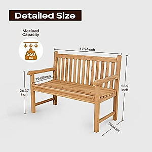 OTSUN Garden Bench Outdoor Bench, A-Grade Teak Bench for Front Porch with Curved Backrest and Arch Armrest, Yard Benches for Outdoor Indoor, and Patio, 48" Lx26 Wx36 H, 100% Teak Wood