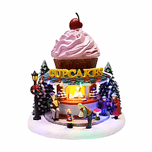 MOMENTS IN TIME Christmas Village Building, Cupcake Shop with LED Lights and Christmas Music - Battery Operated (not Included) (10.4" H x 9.5" W x 7.5" D)