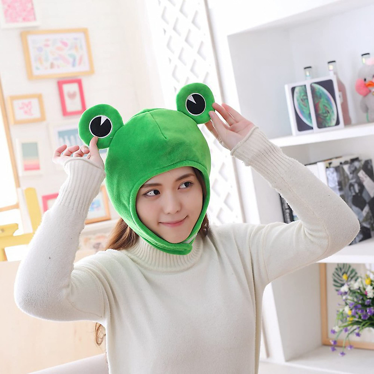 Soarsue Cute Plush Frog Hat Cap for Halloween Costume Cosplay Party (green)