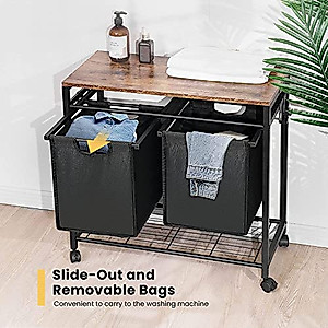 VIVOHOME Pull Out Laundry Hamper, 2-Compartment Laundry Basket with Shelf and Wheels, 2 x 30L Removable 600D Oxford Fabric Laundry Bags, Rustic Brown and Black