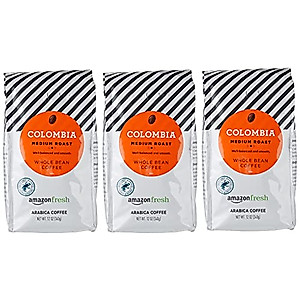 AmazonFresh Colombia Whole Bean Coffee, Medium Roast, 12 Ounce (Pack of 3)