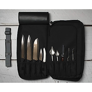 Asaya Chef Knife Bag - 28 Pockets for Knives and Kitchen Utensils - Durable Ballistic Nylon, Black Stainless Steel Hardware, Card Holder and Adjustable Shoulder Strap - Knifes not Included