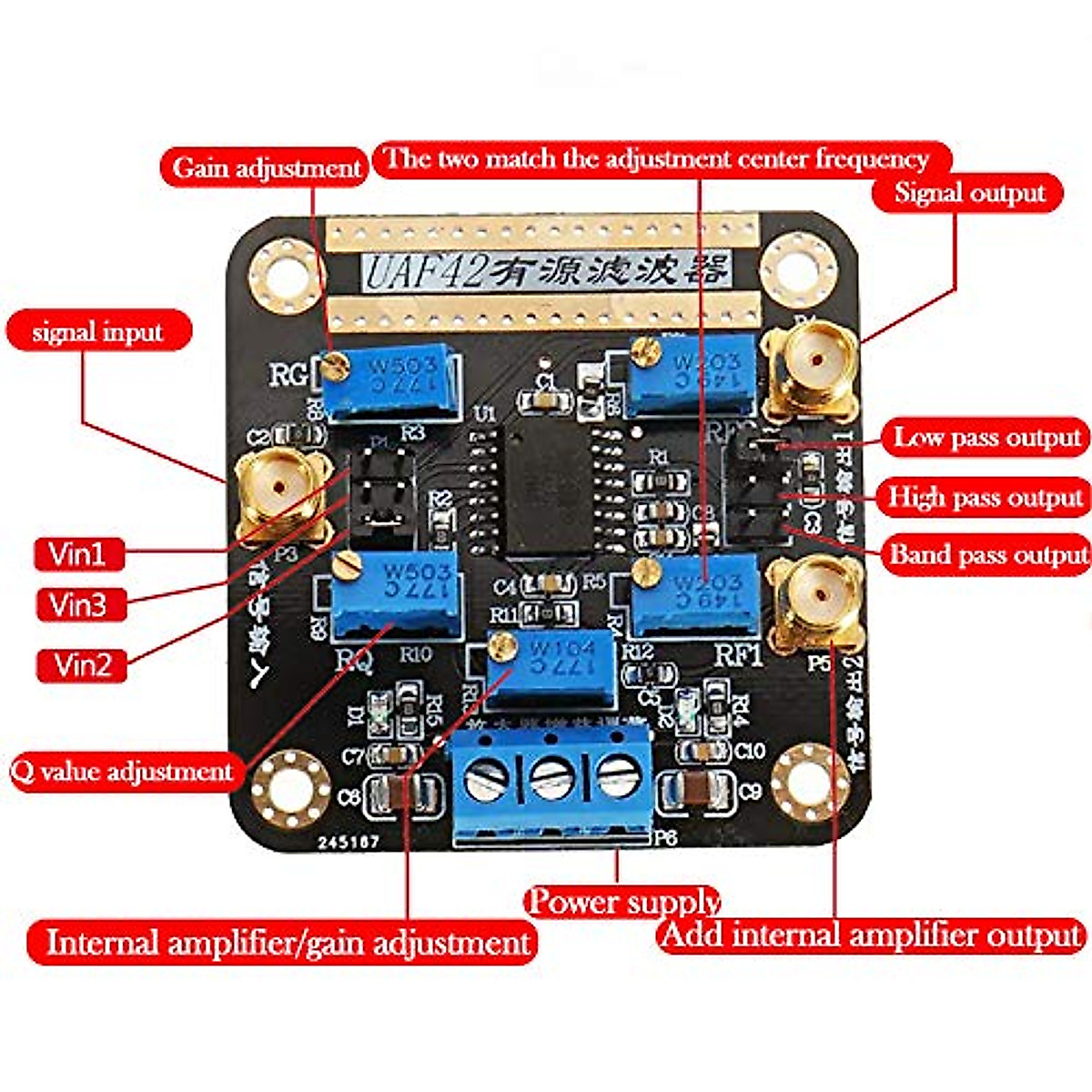 Taidacent UAF42 Universal Active Filter Module High Pass Low Pass Band Pass Filtering Active Band Pass Filter Module Tunable Filter