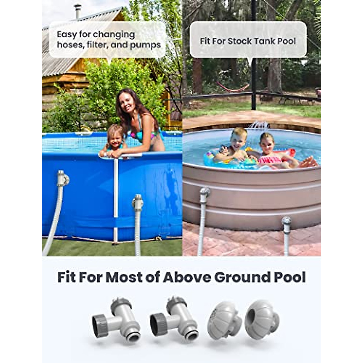 POOLHACKER Above Ground Pool Inlet and Outlet Ports Replacement Part Kit, Includes 2 On/Off Plunger Valve for Connection Pumps, Pool Replacement Parts