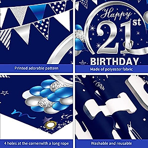 Kauayurk Happy 21st Birthday Banner Decorations for Boy Men, Blue Silver 21 Birthday Backdrop Party Supplies, 21 Year Old Birthday Photo Background Sign Decor