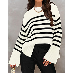 ZESICA Women's Fall Winter Striped Long Sleeve Crew Neck Ribbed Knit Side Slit Oversized Pullover Sweater Jumper Top,Beige,Large