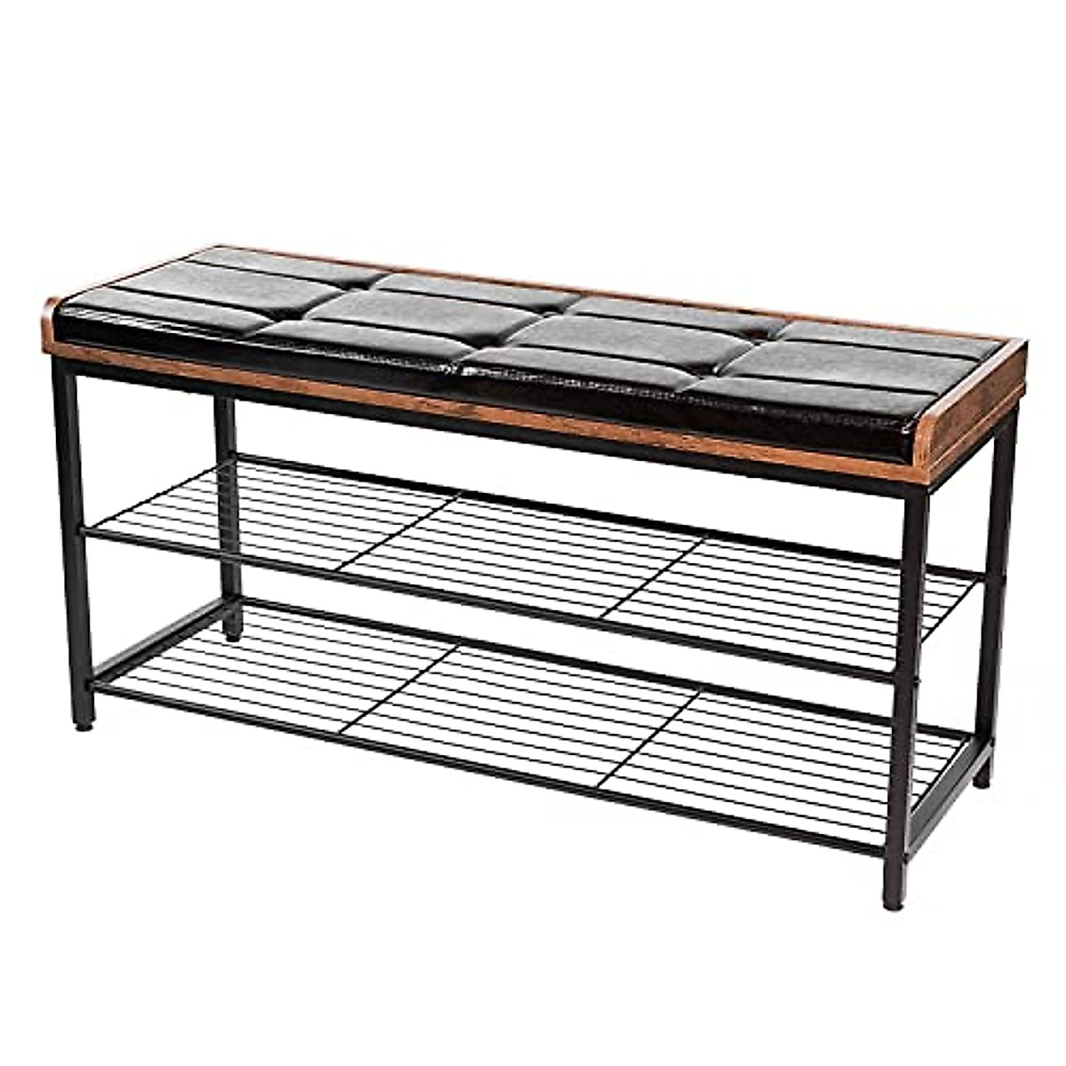AVAFORT Two Layer Shoe Bench with PU Leather Padded Seat Top, Metal Frame, Rustic Brown