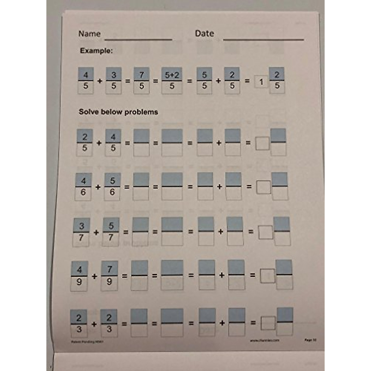 Channie’s One Page A Day Workbook, Beginner Single Digit Fraction Math Practice Worksheets, 50 Pages Front & Back, 25 Sheets, Grades 3rd, 4th, and 5th, Size 8.5” x 11” Summer School, Summer Bridge