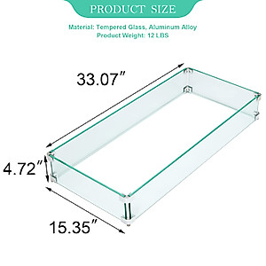 Vicluke Rectangular Fire Pit Wind Guard, 33 x15.35 x4.72 Inch Glass Flame Guard, 0.39 Inch Thick Clear Tempered Glass Wind Guard Fence for Outdoor, Patio, Fire Pits Table/Pan