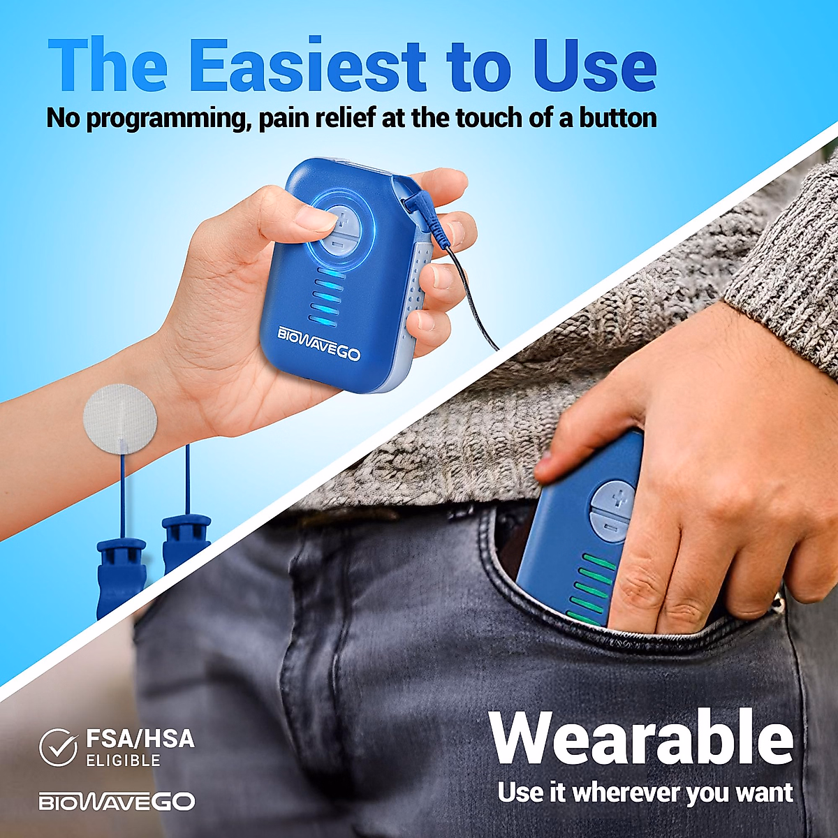 BIOWAVEGO Medical Grade TENS Unit Upgrade to TENS Machines for Pain Relief Clinically Proven ESTIM for Chronic Pain & Recovery HSA FSA Eligible