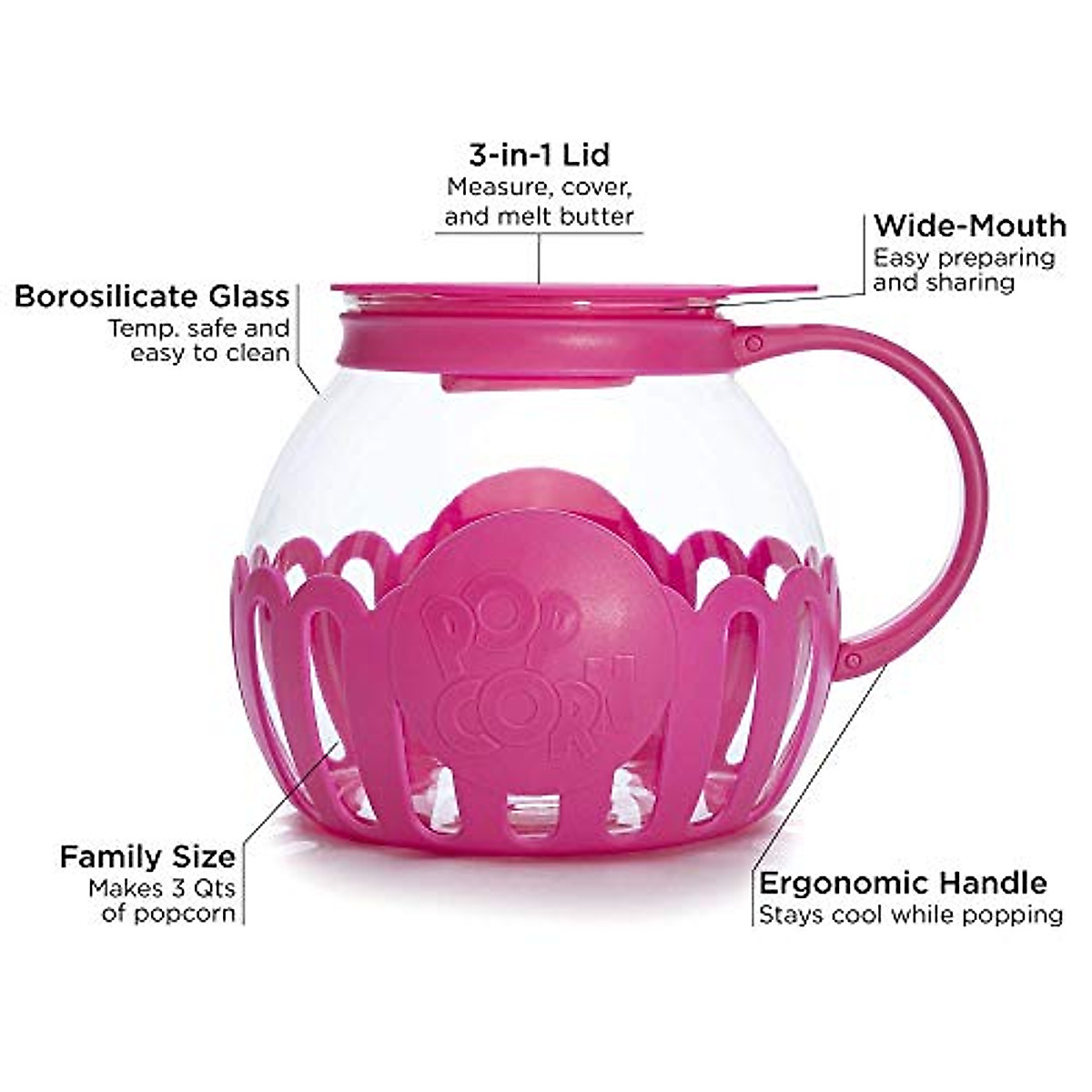 Ecolution Patented Micro-Pop Microwave Popcorn Popper with Temperature Safe Glass, 3-in-1 Lid Measures Kernels and Melts Butter, Made Without BPA, Dishwasher Safe, 3-Quart, Hot Pink
