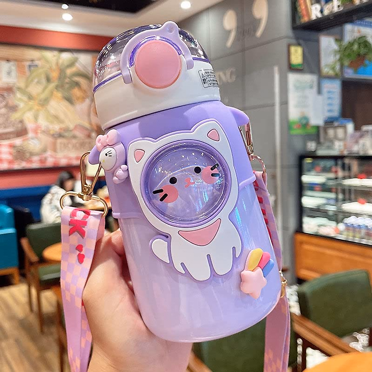 KHWABEEDA Cute Water Bottle with Straw Kawaii Reusable Jug Strap for Boys Girls Kids Stainless Steel, Leak-Proof, Insulated Aesthetic Space Animals Astronaut Cup School (Purple) (WBHTLZHPOQ)