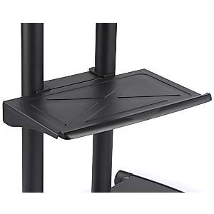 Displays2go Commercial Flat Screen TV Holder, Locking Wheels, Media Shelf, Aluminum Construction – Black (EM6580BK)
