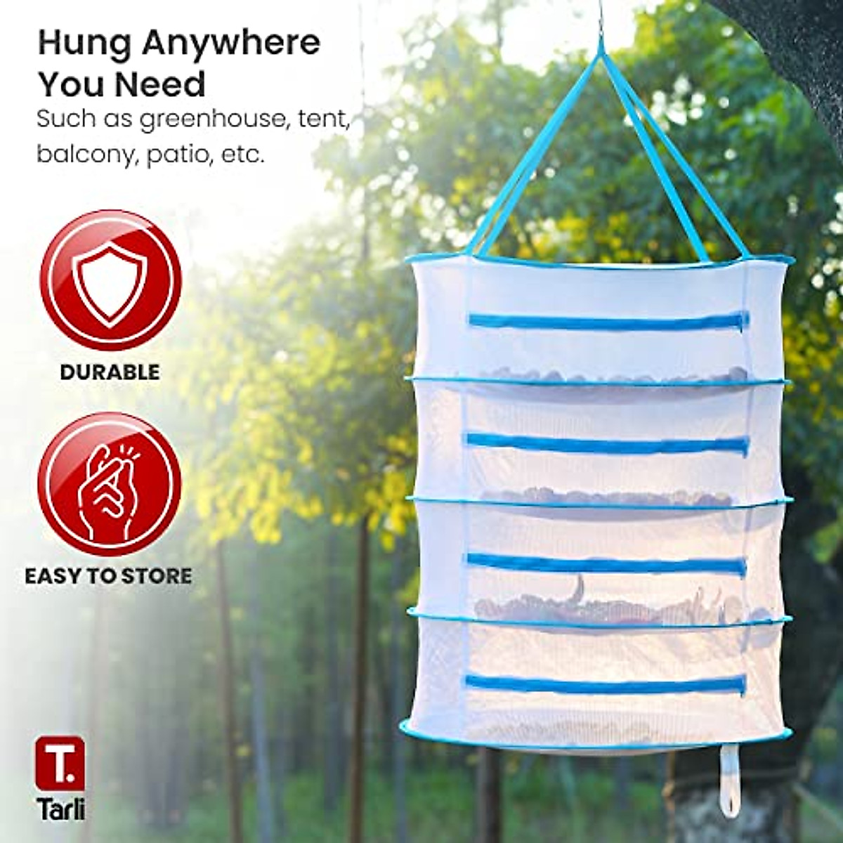 Tarli 4 Layer Herb Drying Rack Comes with Fabric Cover - 8 inch Bigger Shelves and Premium Breathable Mesh for Efficient Drying of Herbs, Flowers, Seeds, Fish, etc - Designed in USA