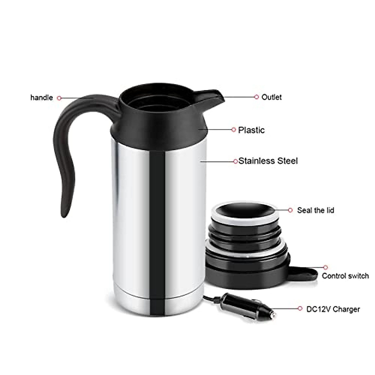 Car Kettle Electric Kettle Camping 12V 750ml Coffee Maker Water Boiler Portable Travel Car Truck Kettle Hot Water Heater Bottle for Tea Coffee Making Cigarette Lighter Heating Cup, 120W